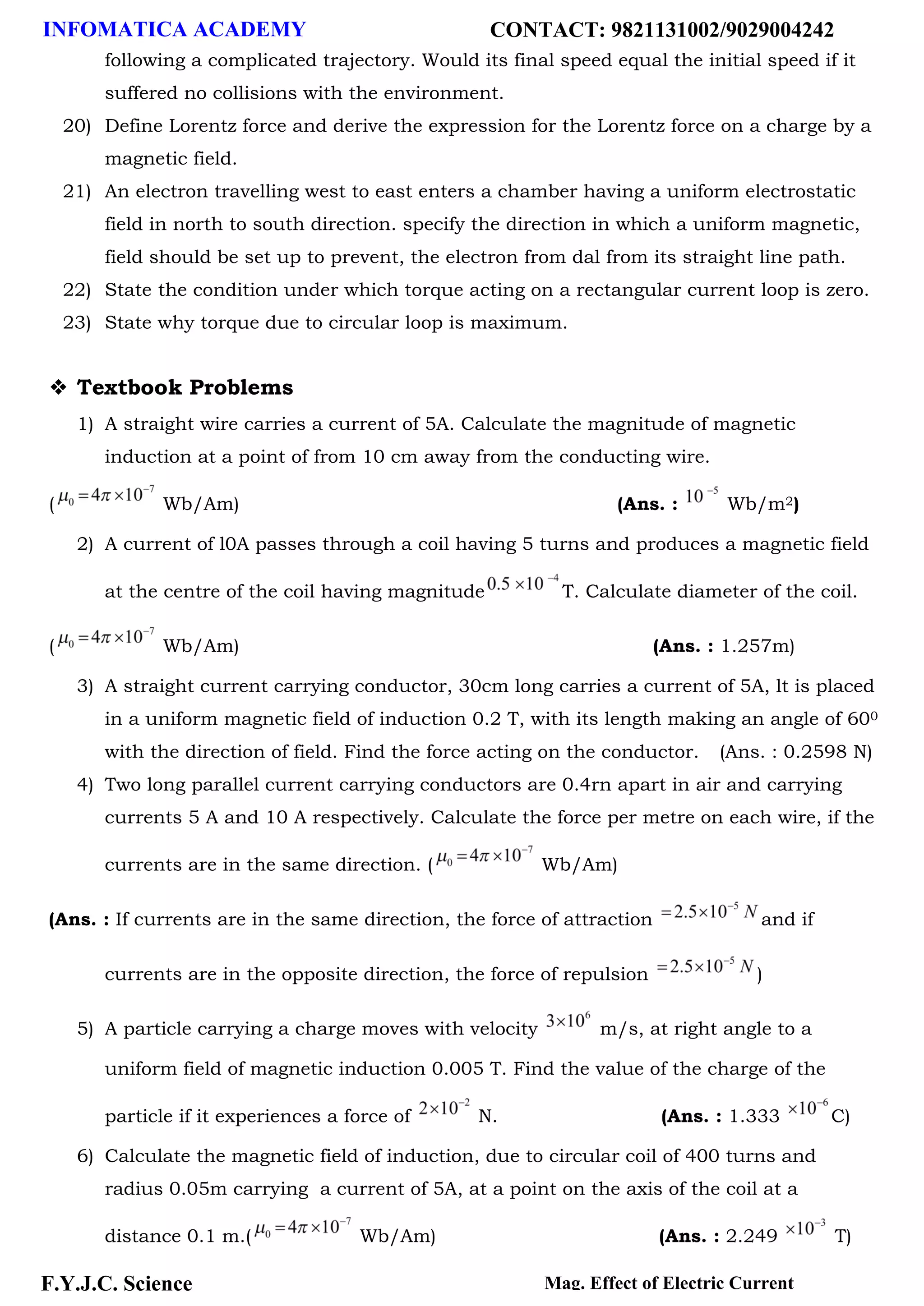 Class 11 important questions for physics Magnetic Effect of Electric ...