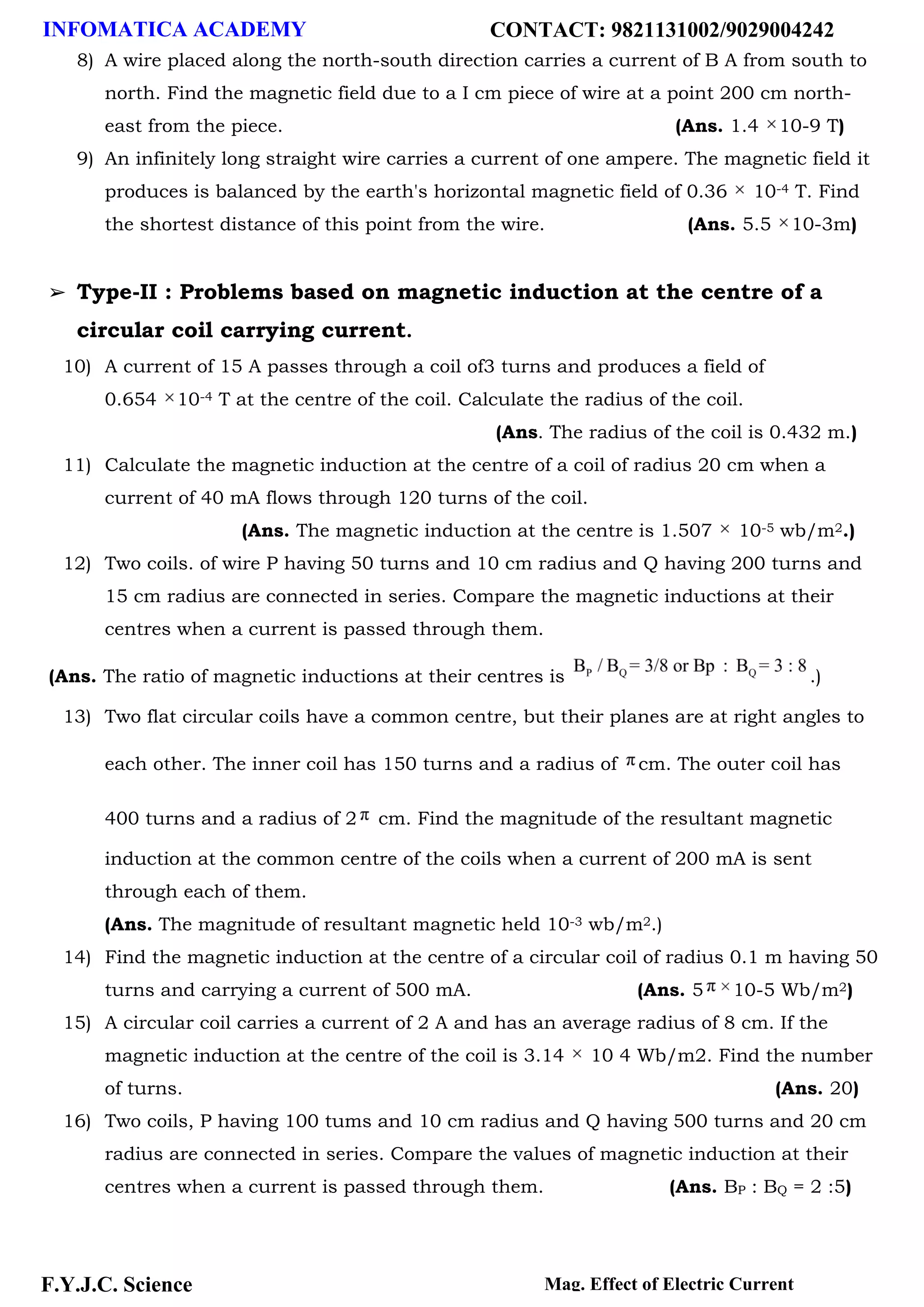 Class 11 important questions for physics Magnetic Effect of Electric ...