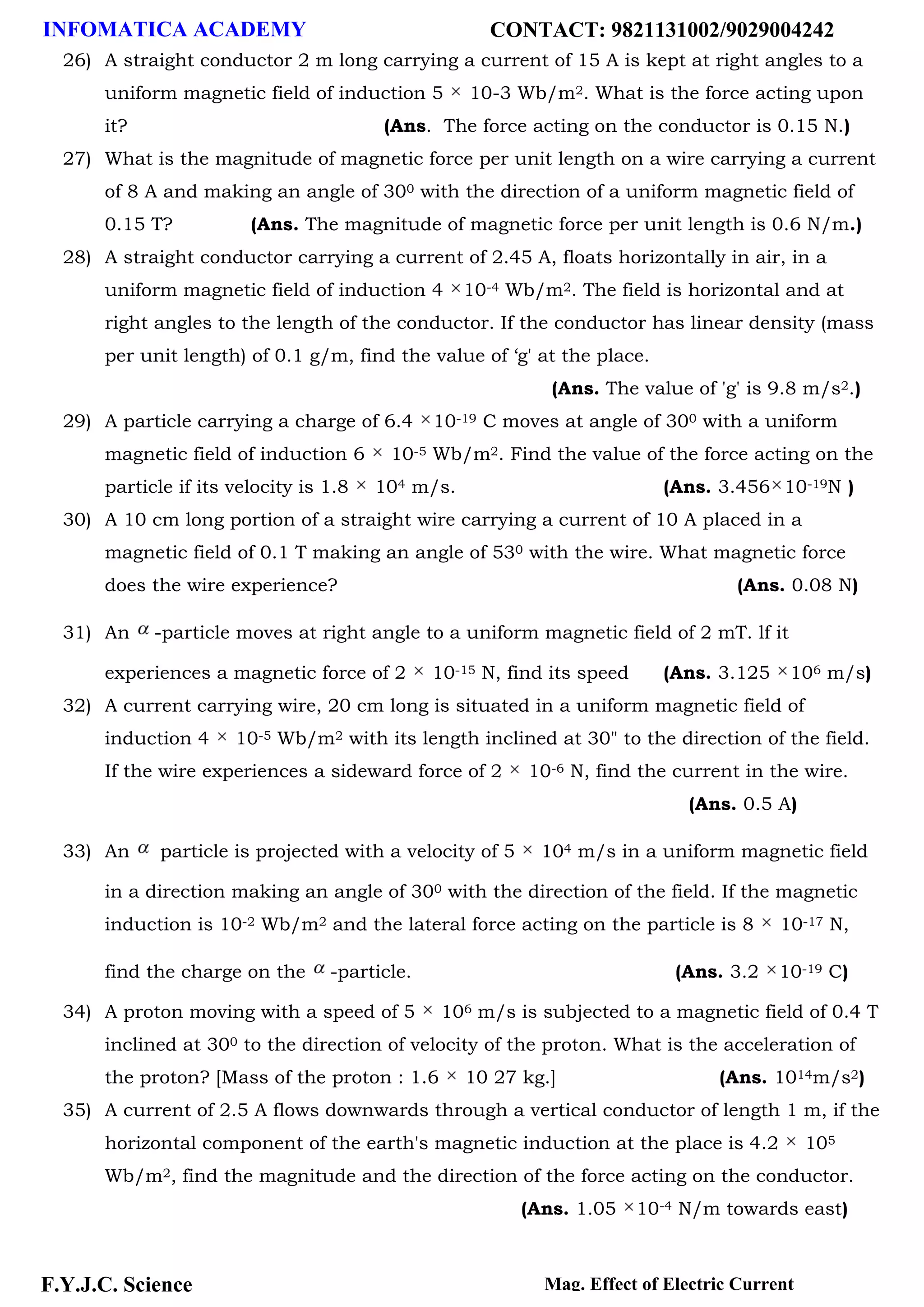 Class 11 important questions for physics Magnetic Effect of Electric ...