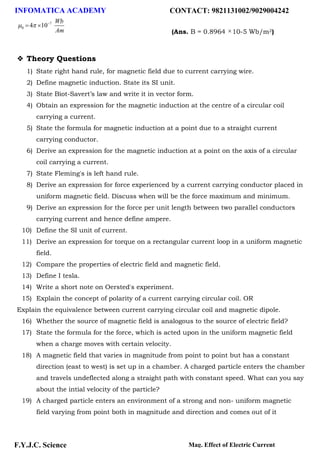 Class 11 important questions for physics Magnetic Effect of Electric ...