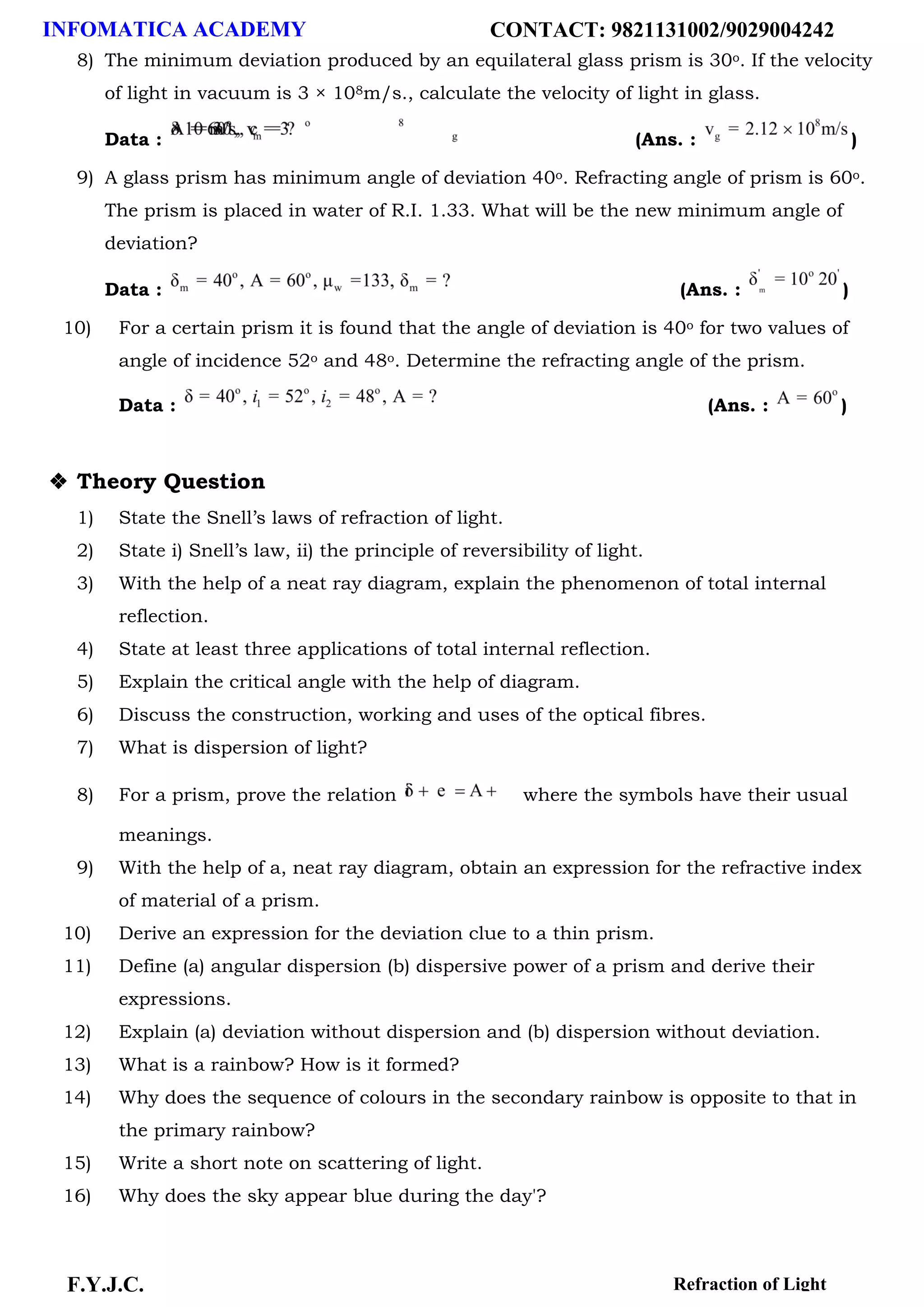 Class 11 important questions for physics Refraction of Light | PDF