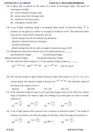Class 11 important questions for physics Refraction of Light | PDF