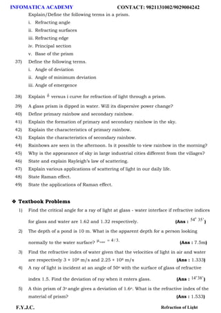 Class 11 important questions for physics Refraction of Light | PDF
