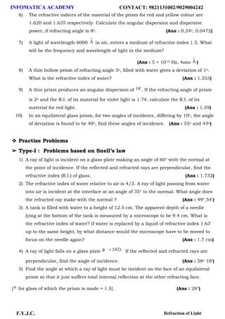 Class 11 important questions for physics Refraction of Light | PDF