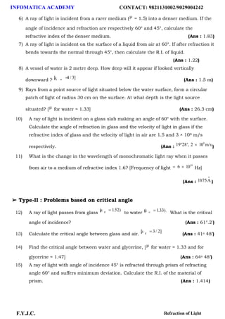 Class 11 important questions for physics Refraction of Light | PDF