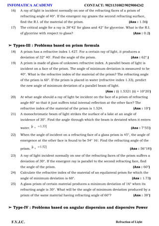 Class 11 important questions for physics Refraction of Light | PDF