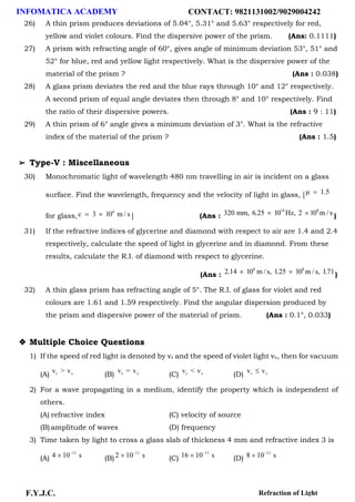 Class 11 important questions for physics Refraction of Light | PDF
