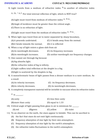 Class 11 important questions for physics Refraction of Light | PDF