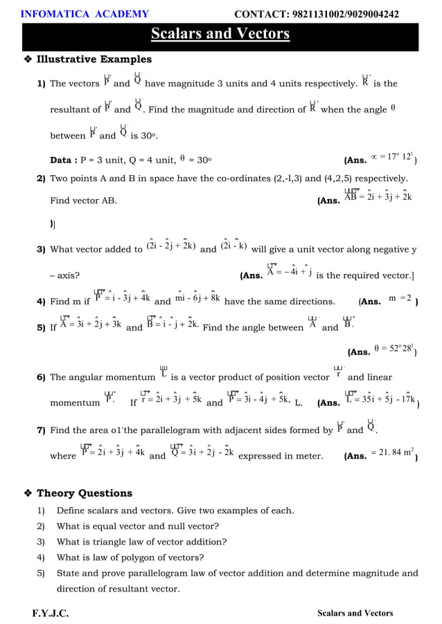 Class 11 important questions for physics Scalars and Vectors | PDF