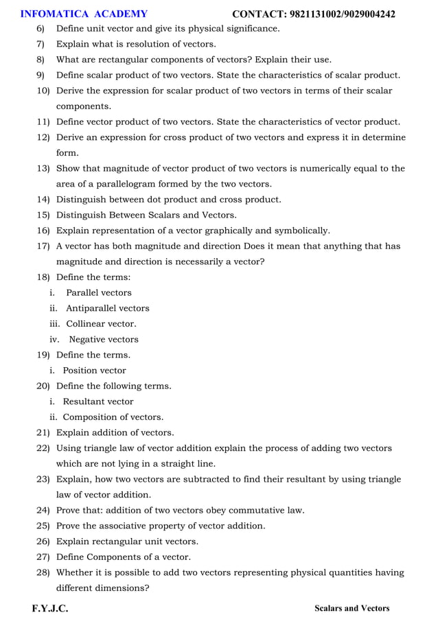 Class 11 important questions for physics Scalars and Vectors | PDF