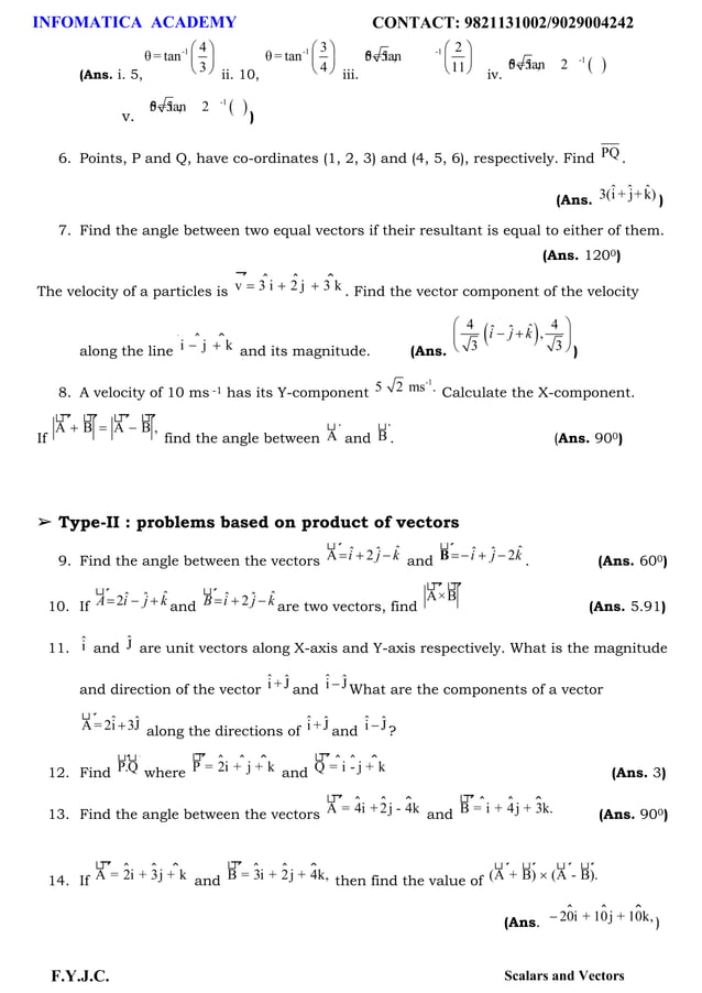 Class 11 important questions for physics Scalars and Vectors | PDF