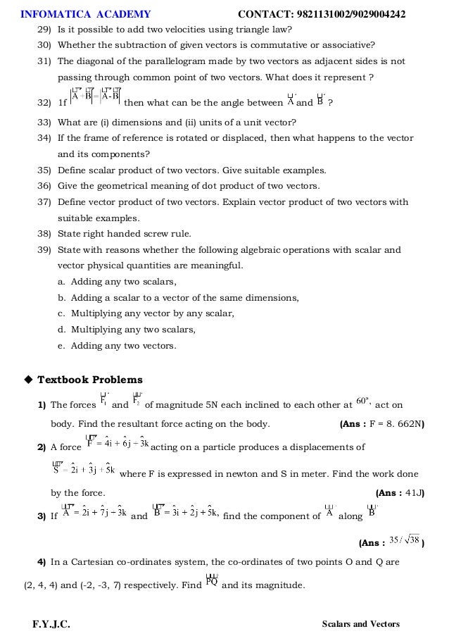 Class 11 important questions for physics Scalars and Vectors