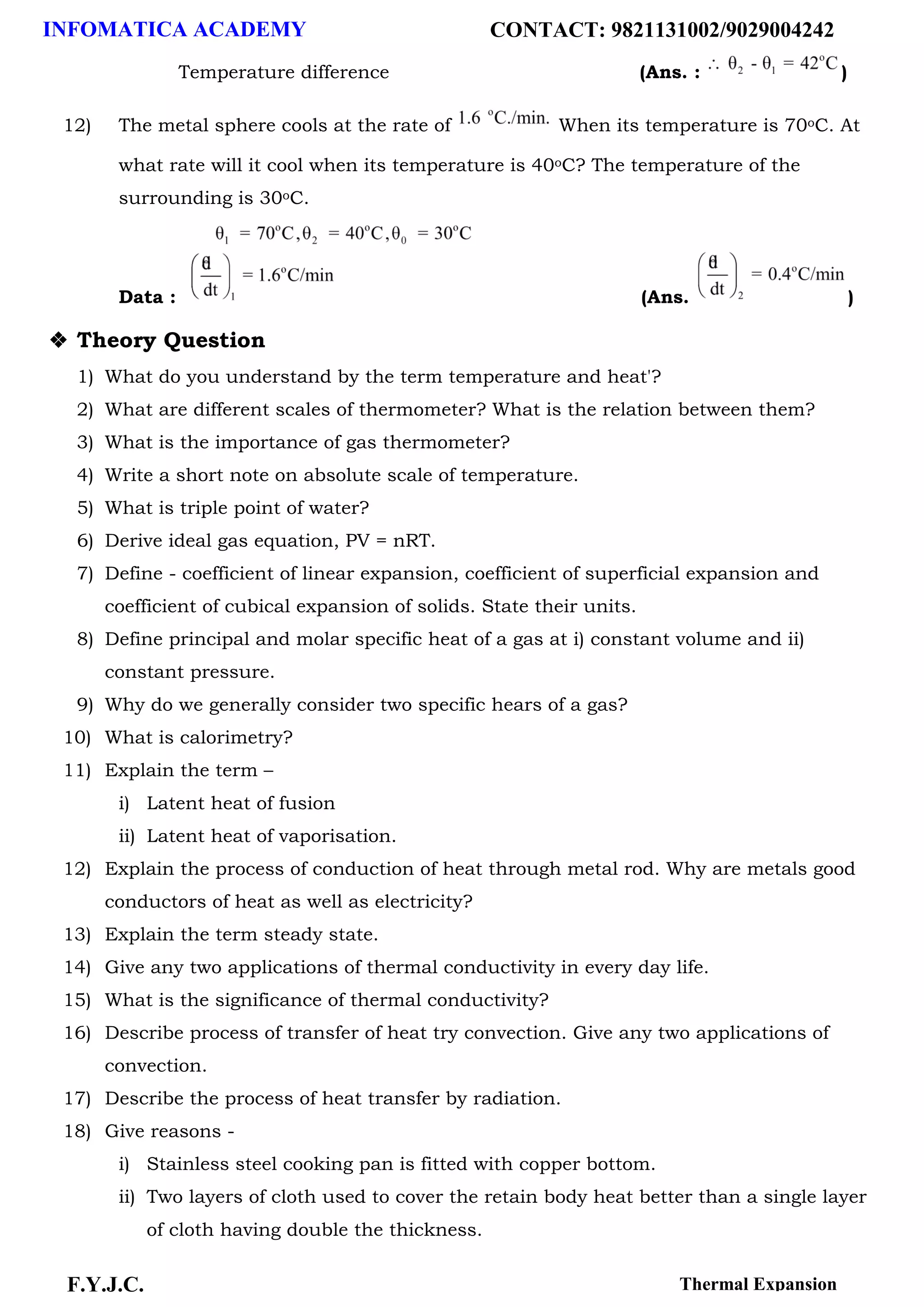Class 11 important questions for physics Thermal Expansion | PDF