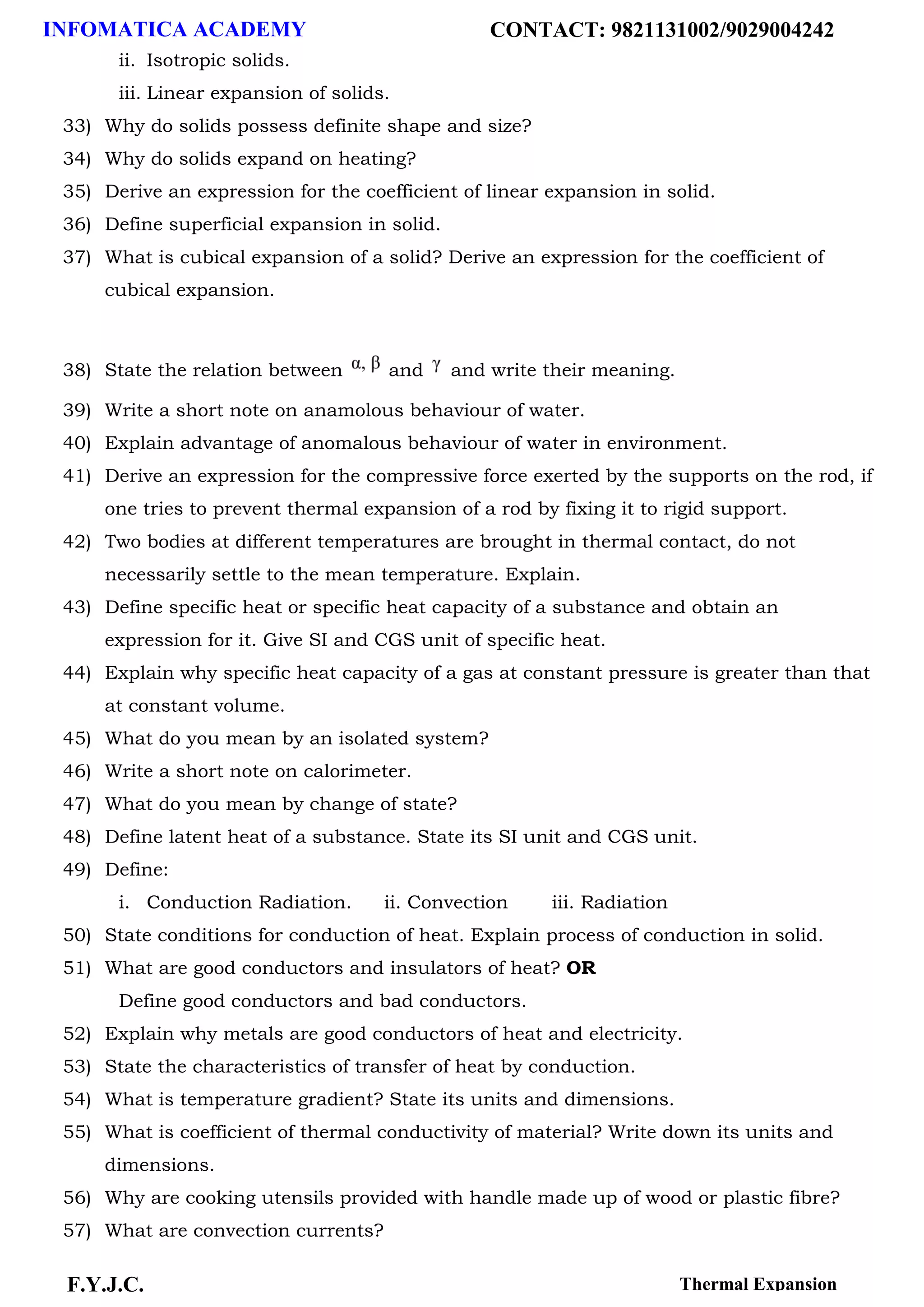 Class 11 important questions for physics Thermal Expansion | PDF