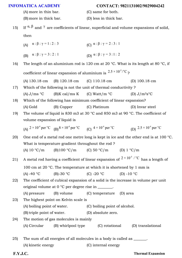 Class 11 important questions for physics Thermal Expansion | PDF | Chemistry | Science
