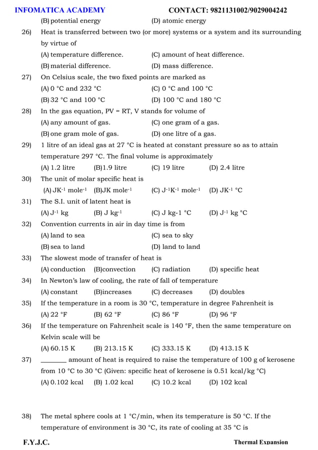 Class 11 important questions for physics Thermal Expansion | PDF | Chemistry | Science