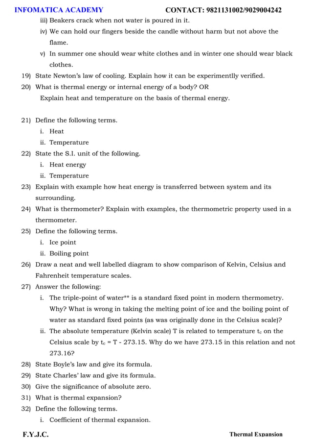 Class 11 important questions for physics Thermal Expansion | PDF | Chemistry | Science