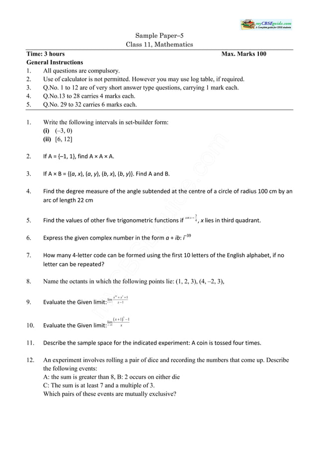 Cbse Xi Maths Solved Paper Pdf