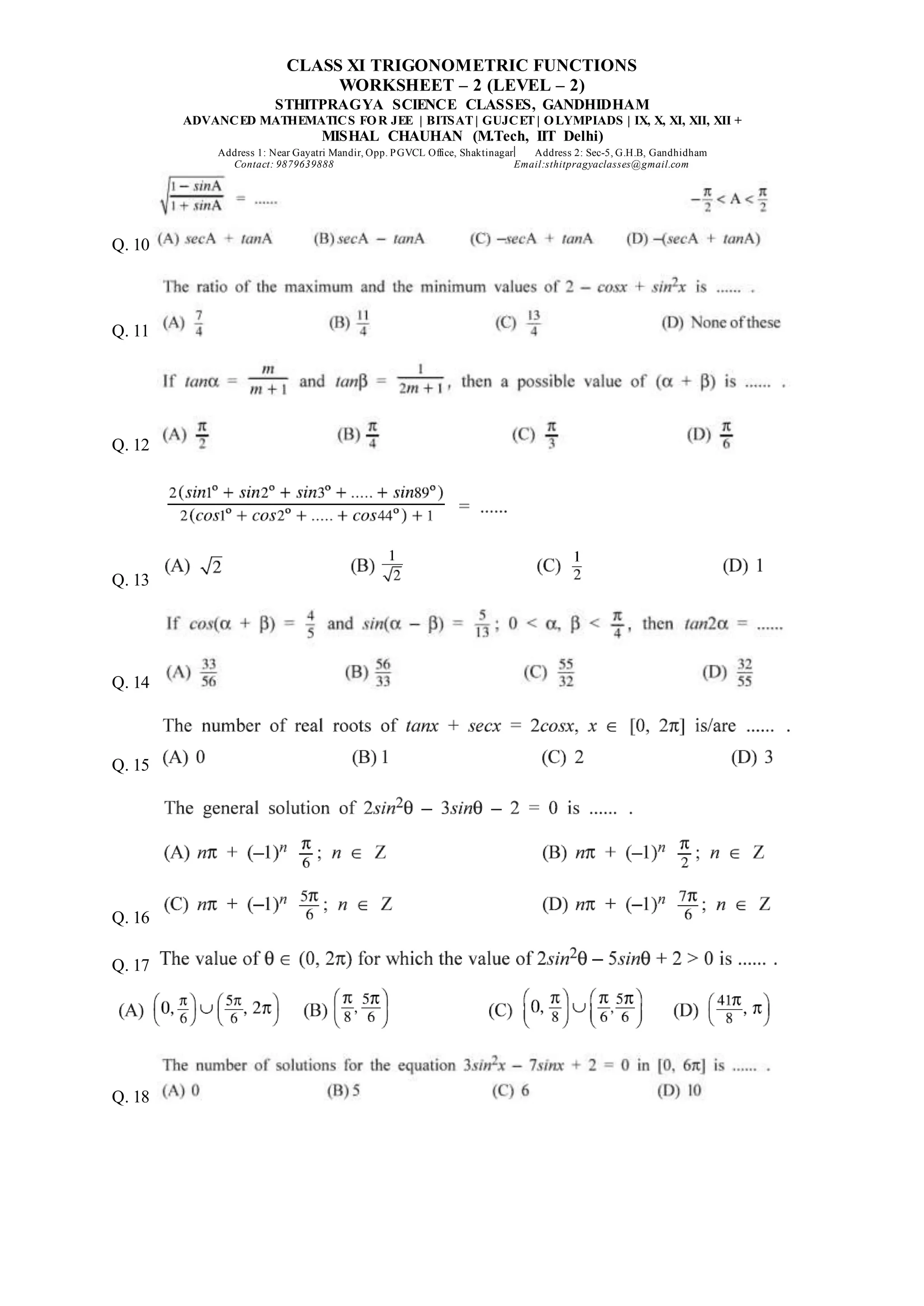 Class XI Trigonometry worksheet level 1 G | DOCX