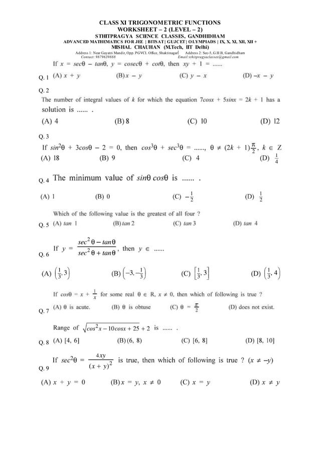 Class XI Trigonometry worksheet level 1 G | DOCX