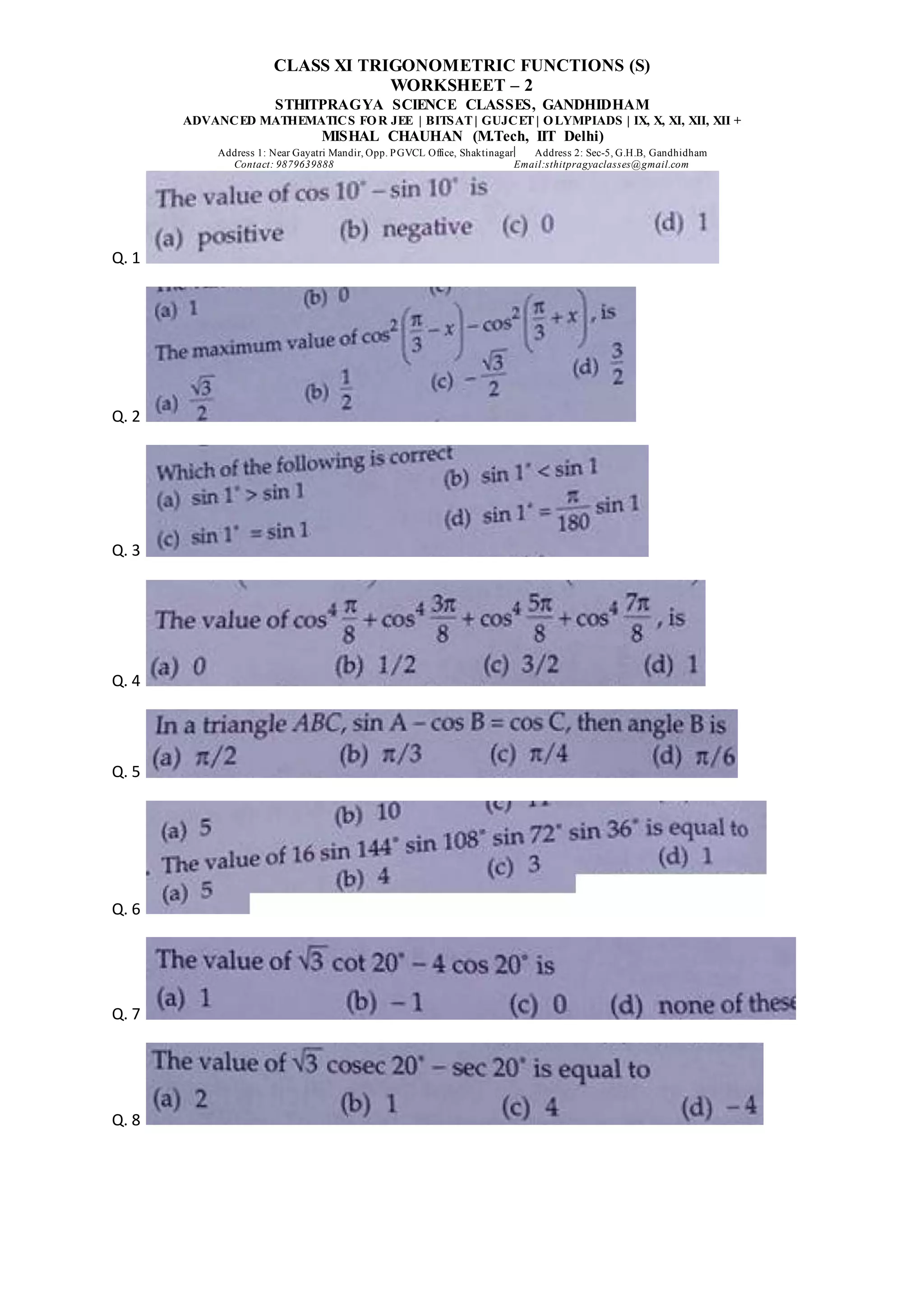 Class 11 Trigonometry worksheet 2 level 1 s | PDF