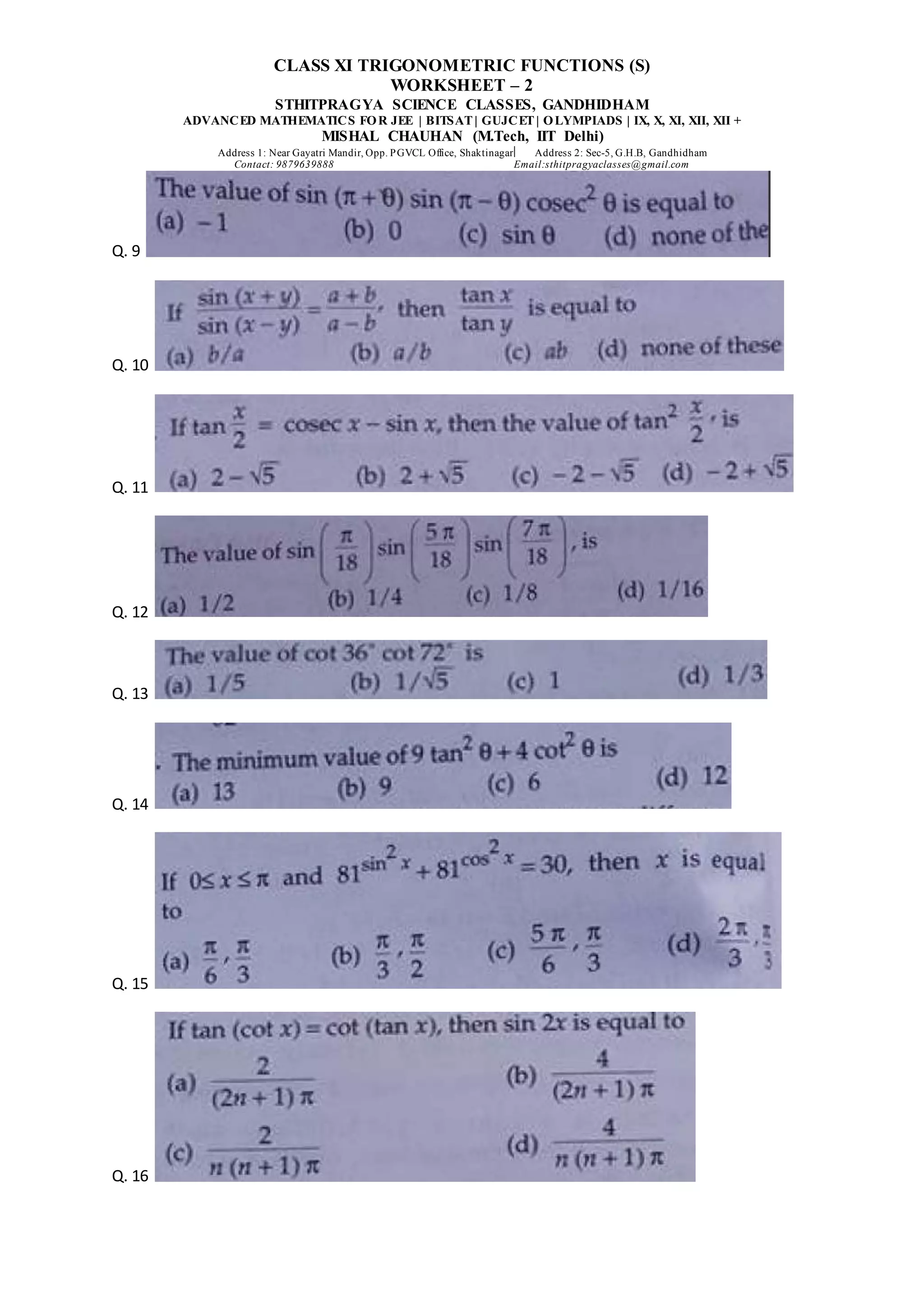 Class 11 Trigonometry worksheet 2 level 1 s | PDF