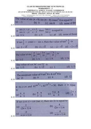 Class 11 Trigonometry worksheet 2 level 1 s | PDF