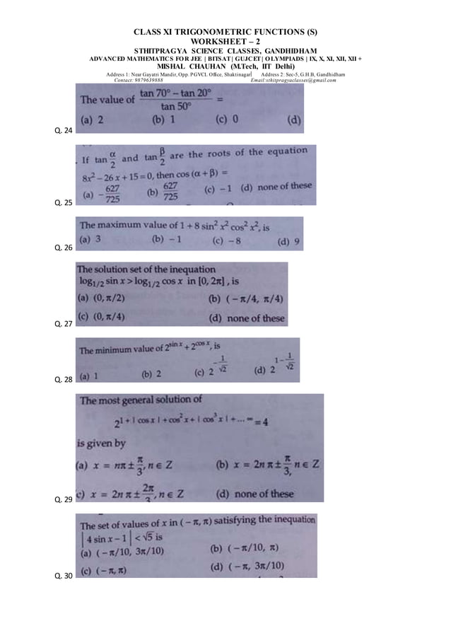 Class 11 Trigonometry worksheet 2 level 1 s | PDF