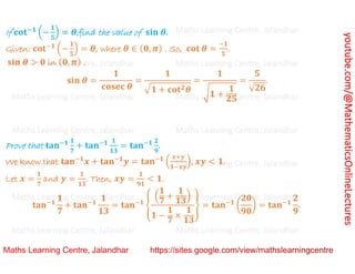 Class 12 Chapter 2 Inverse Trigonometric Functions (Problems based on ...