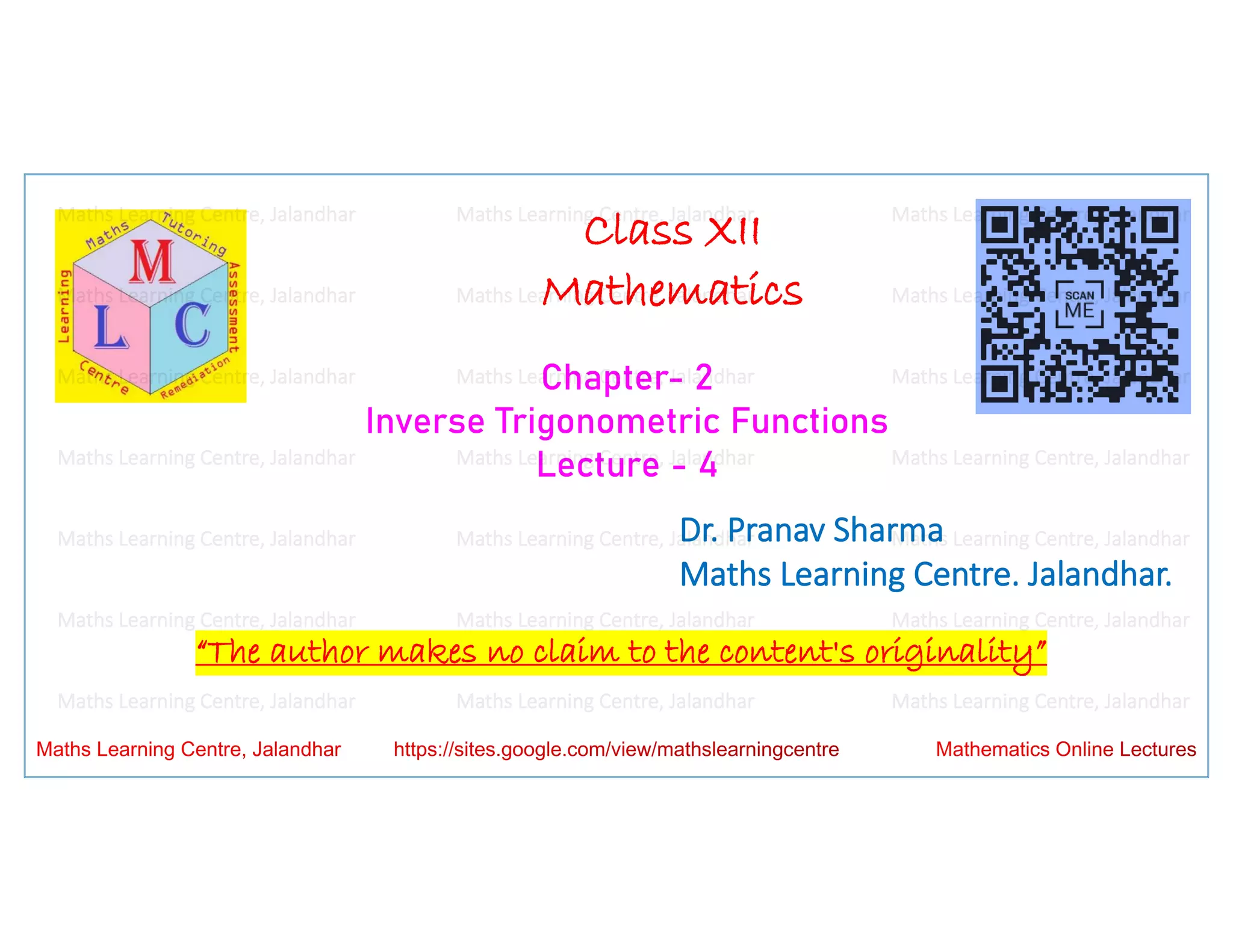 Class 12 Chapter 2 Inverse Trigonometric Functions Problems Based On