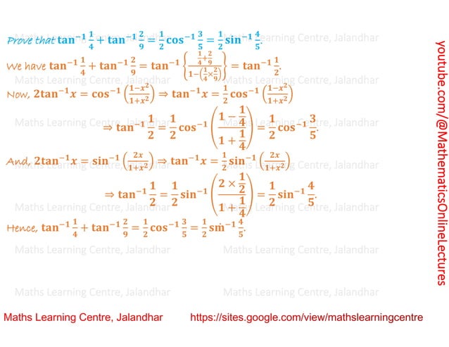 Class 12 Chapter 2 Inverse Trigonometric Functions Problems Based On