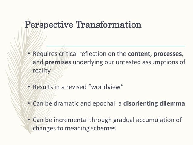 Class 5 mezirow's tl theory adlt 671 | PPT