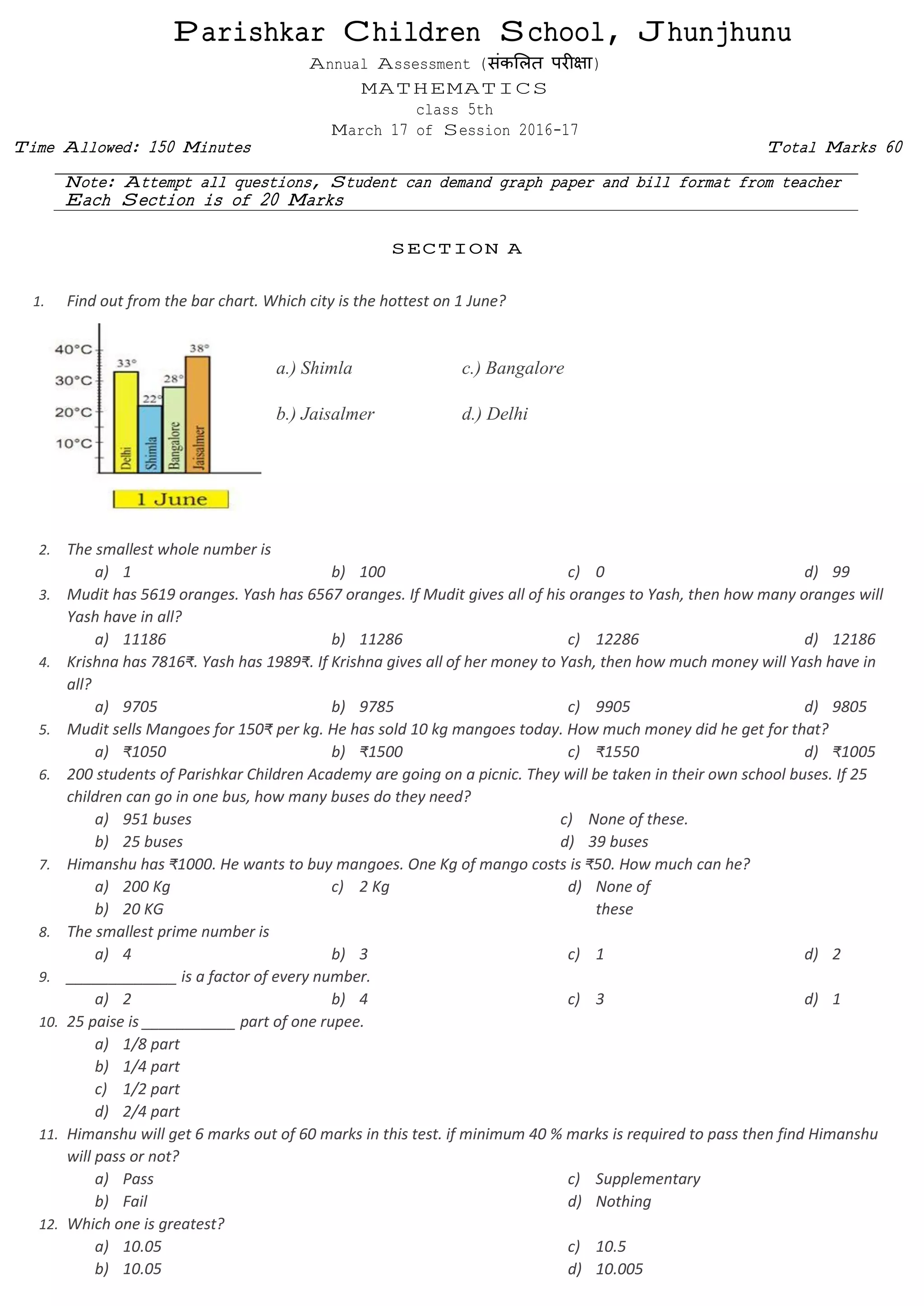 Class 5th maths annual assesment | PDF
