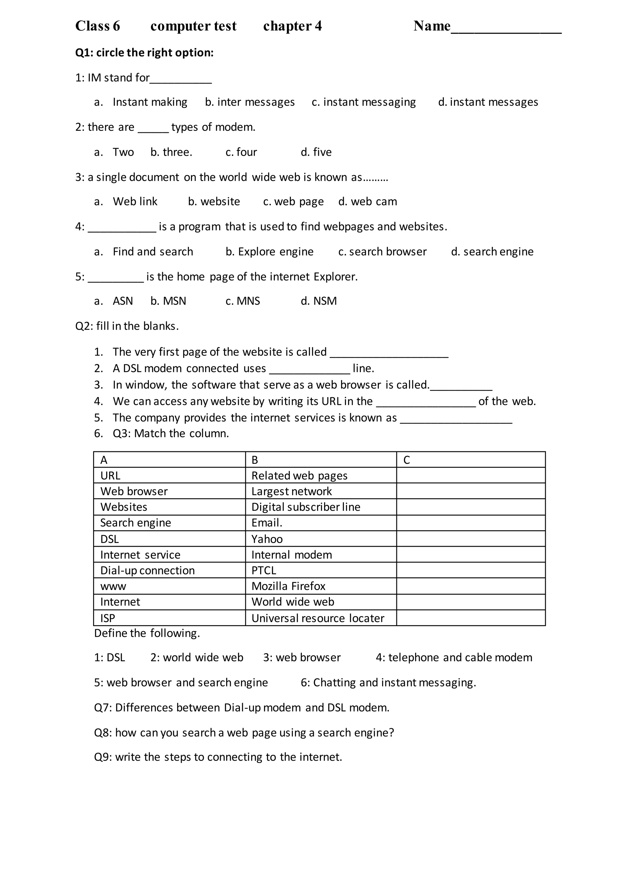 Computer Education Class 6 (PTB) worksheet | DOCX