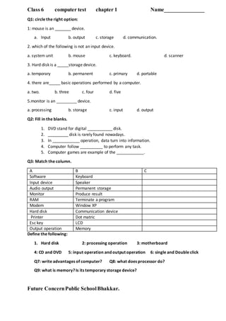 Computer Education Class 6 (PTB) worksheet | DOCX