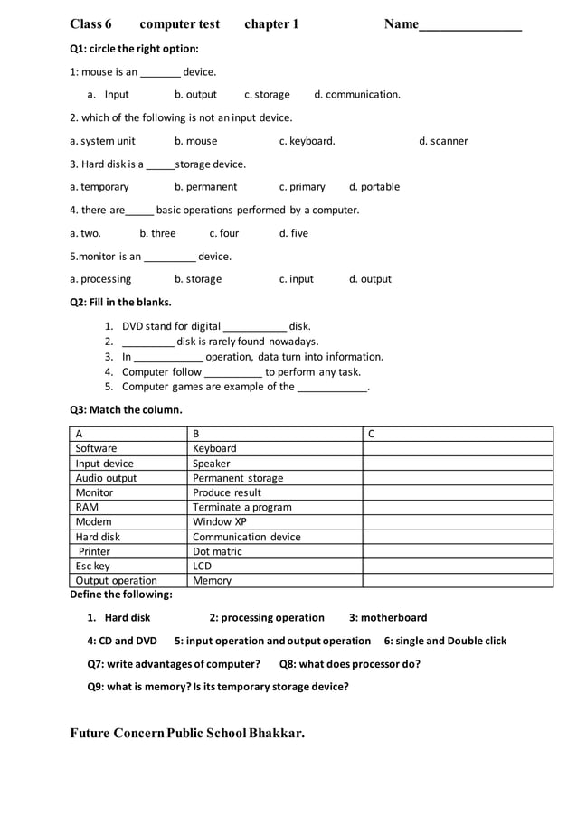 Computer Education Class 6 (PTB) worksheet | DOCX | Internet | Computing