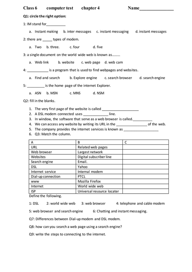Computer Education Class 6 (PTB) worksheet | DOCX | Internet | Computing