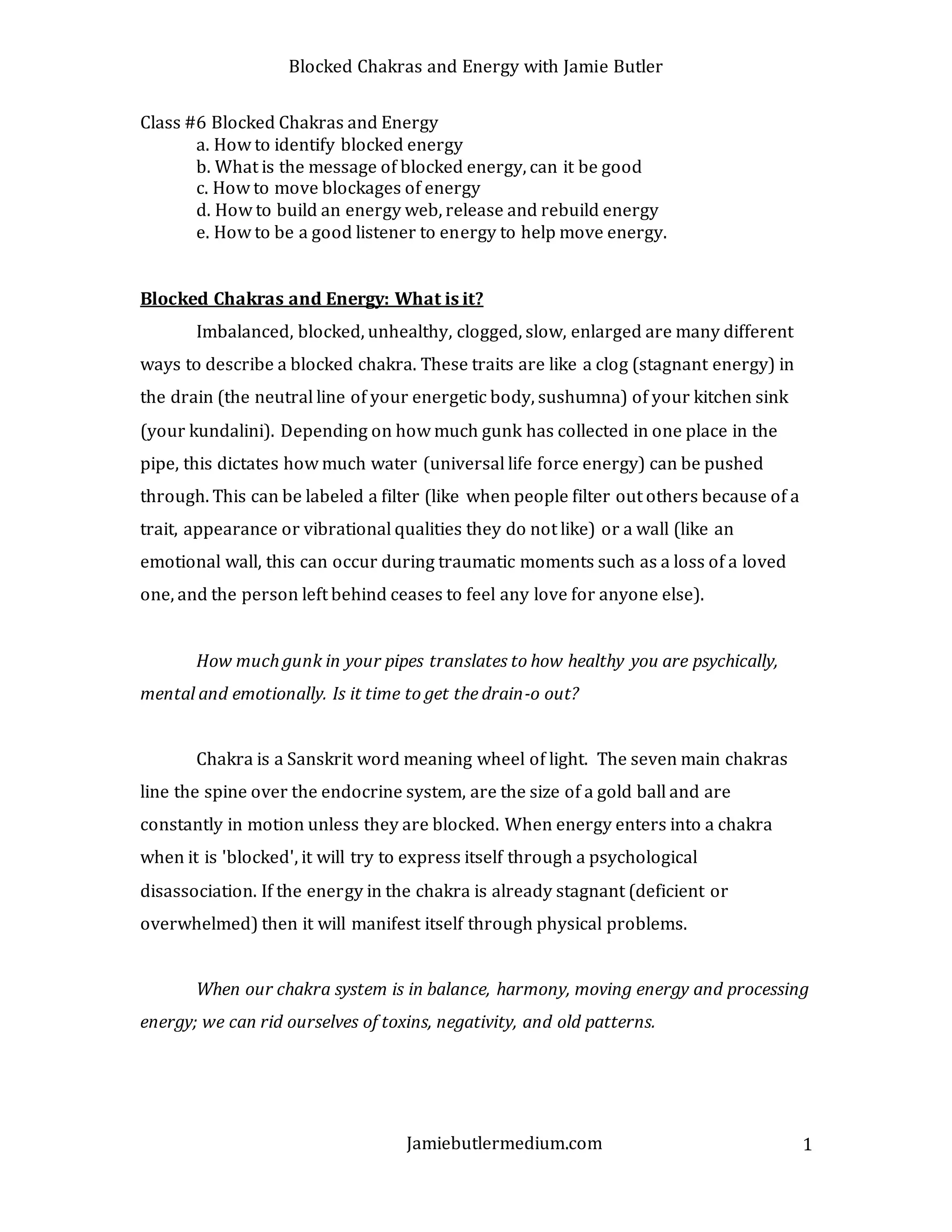 Class #6 blocked energy and chakras with Jamie Butler | DOCX