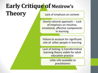Class 6 intro to mezirow's transformative learning theory | PPTX