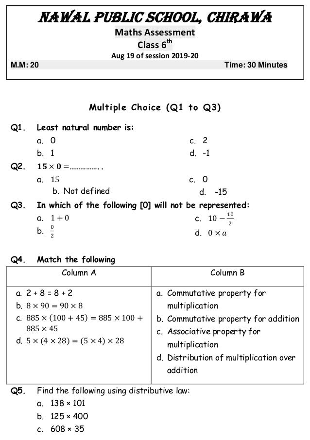 Mathematics Class 6 Paper Mathematics Class 6 Paper
