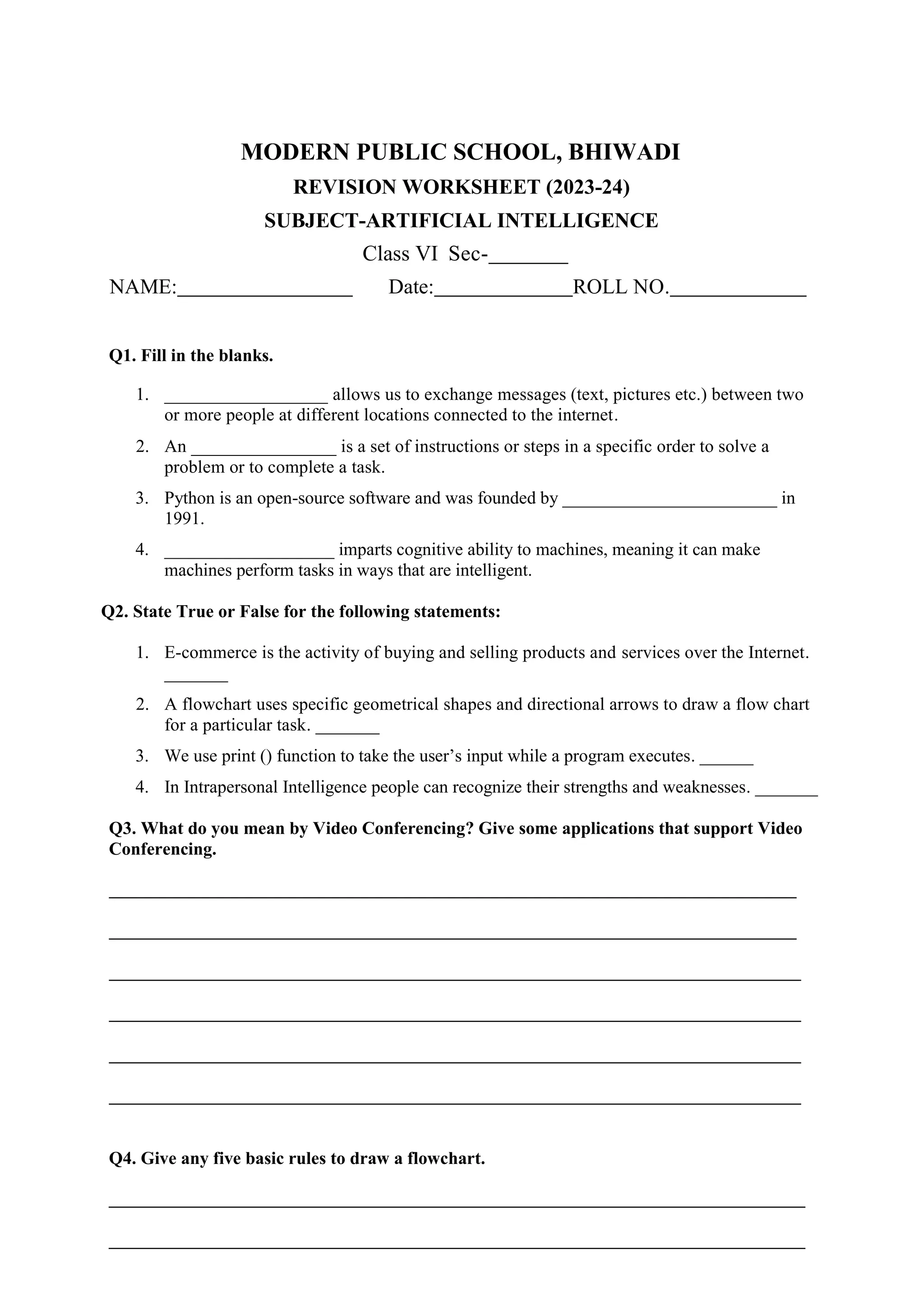 class 6 Revision Worksheet 2024-25 of class vi | PDF