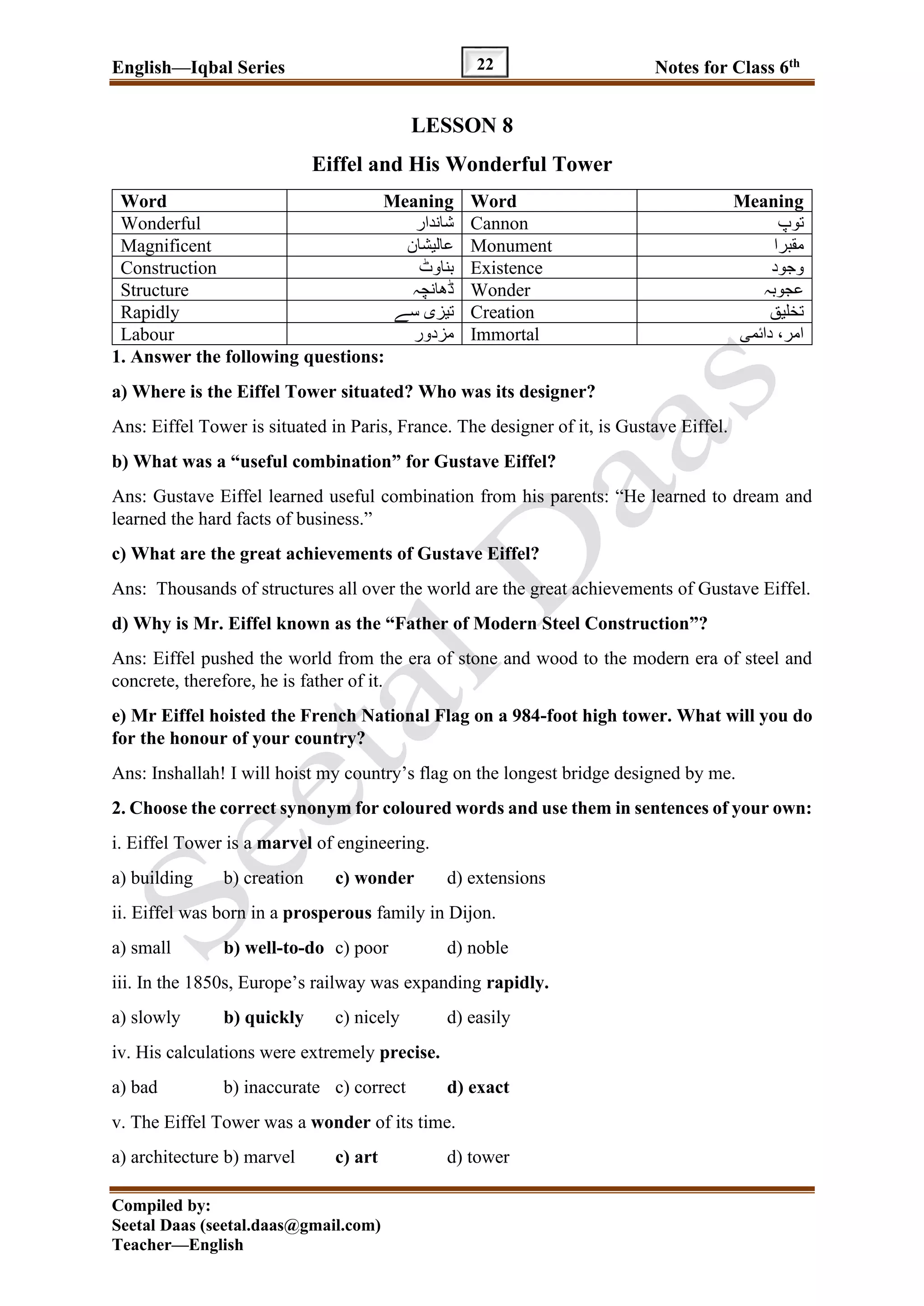 Iqbal Series English for Class 6th (solved) | PDF