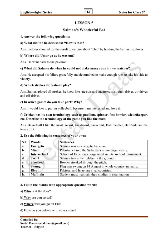 Iqbal Series English for Class 6th (solved) | PDF