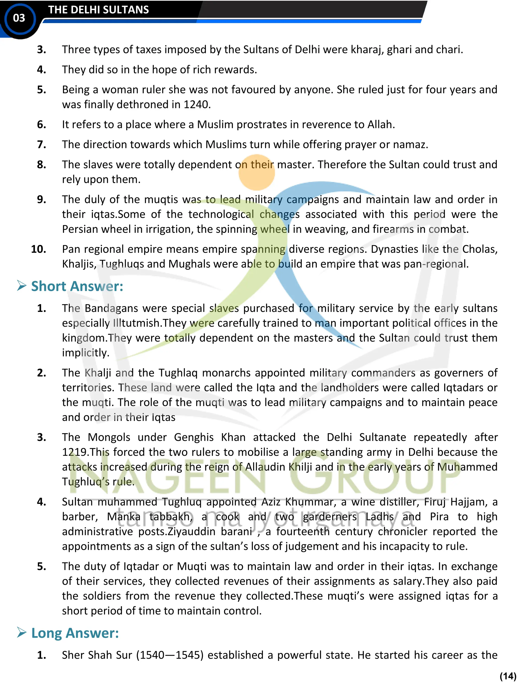 Class VII Social Science (History) Notes Chapter 3 Delhi 12th to 15th ...