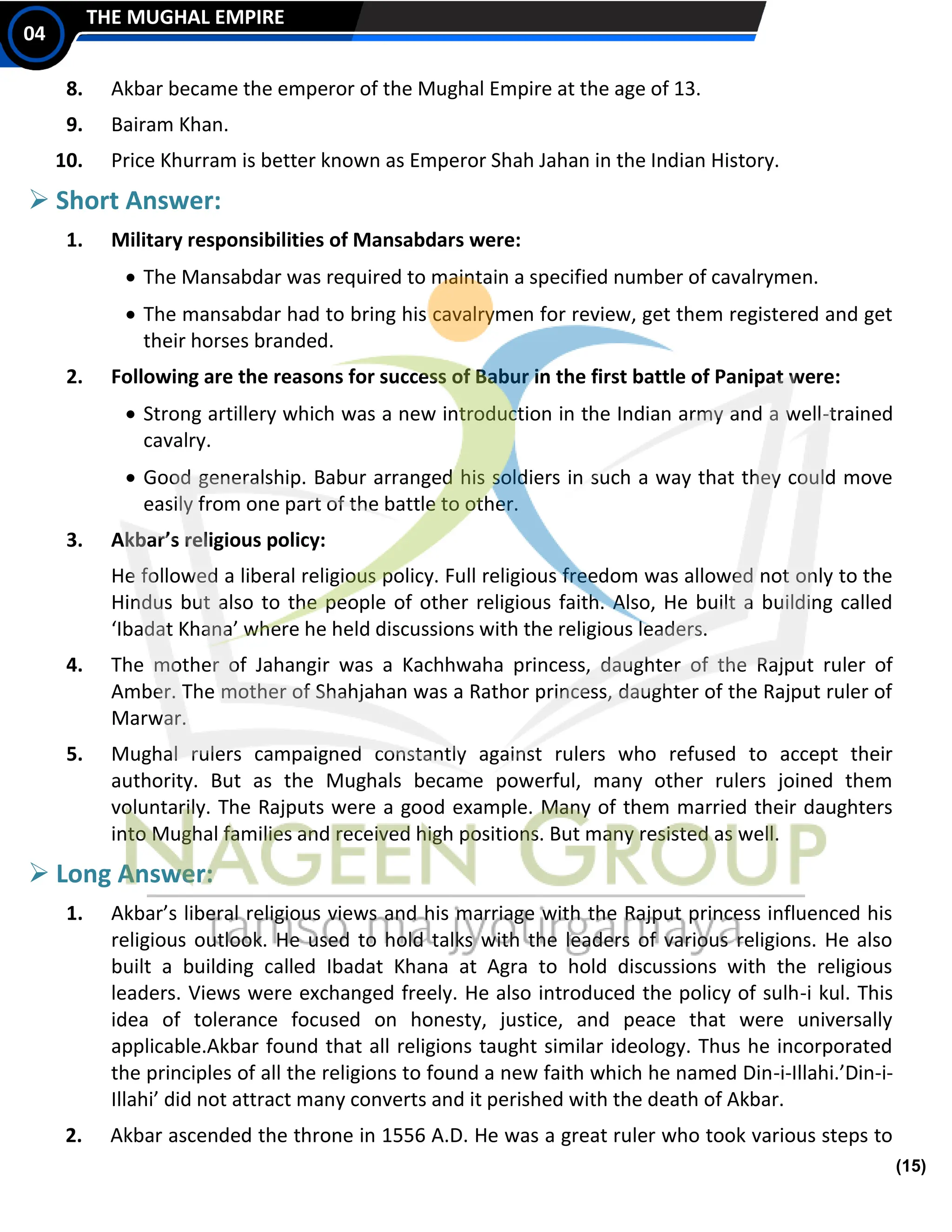 Class VII Social Science (History) Notes Chapter 4 The Mughals (16th To ...