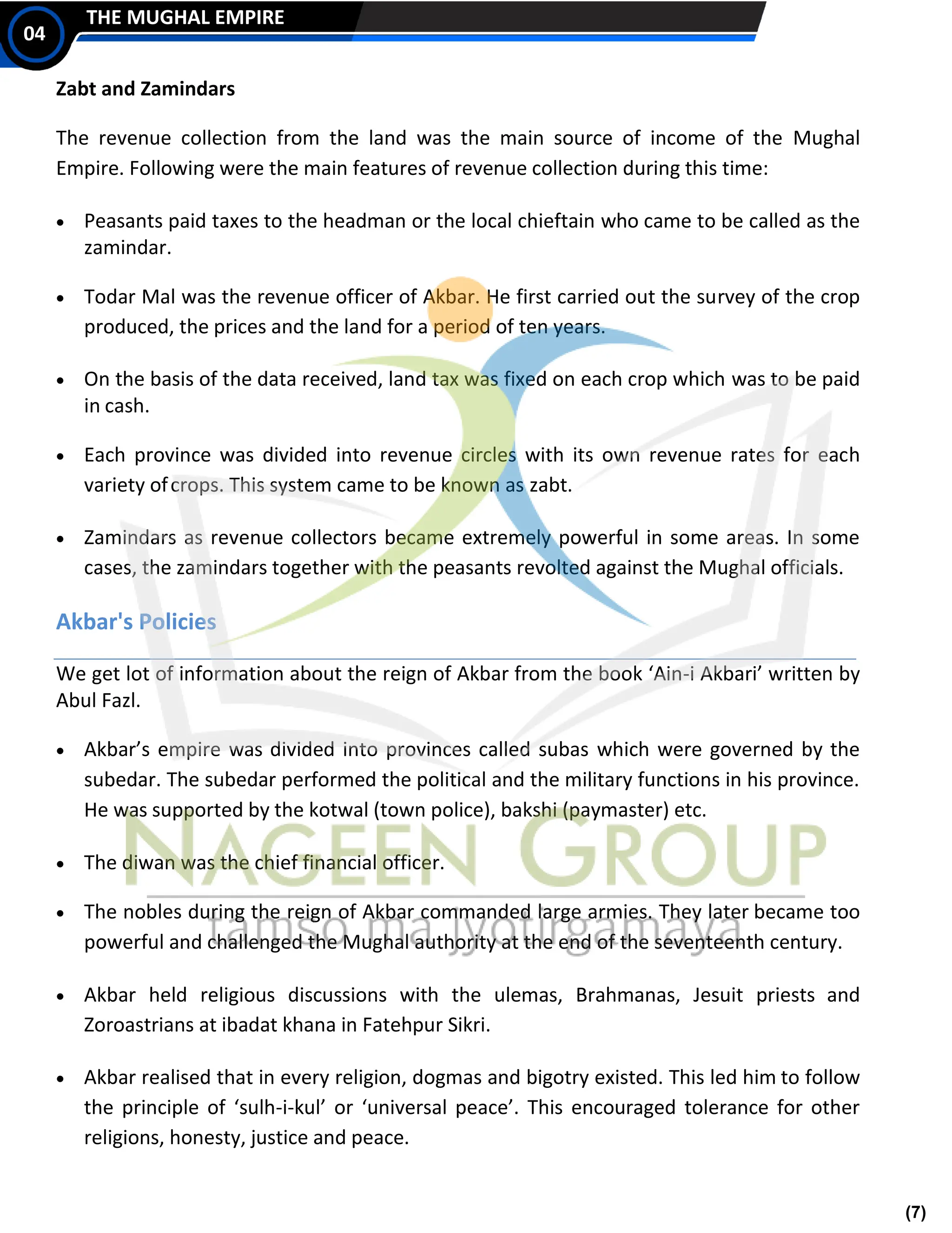 Class VII Social Science (History) Notes Chapter 4 The Mughals (16th To ...