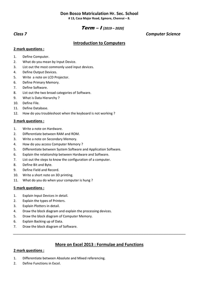Computer Science - Class7 term-1 (2019_20) | PDF