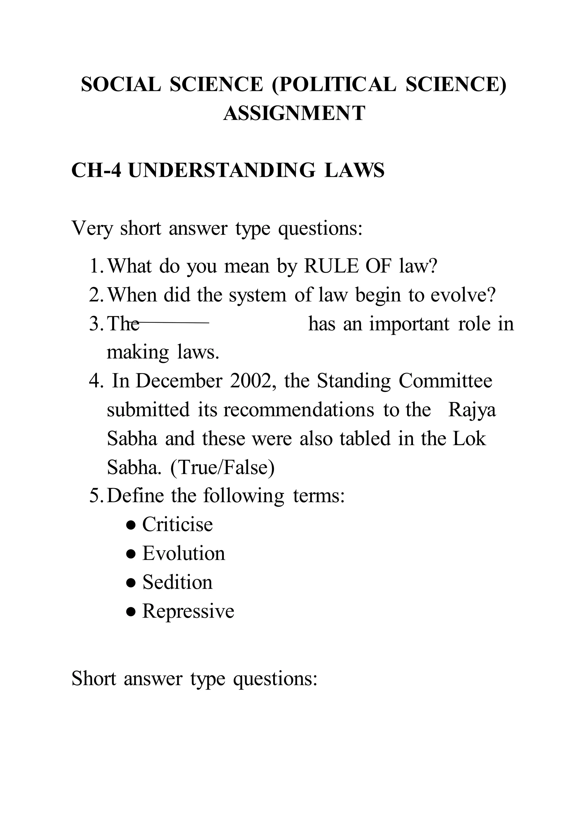Class 8 Chapter 4 Understanding Laws civics extra questions and answers ...