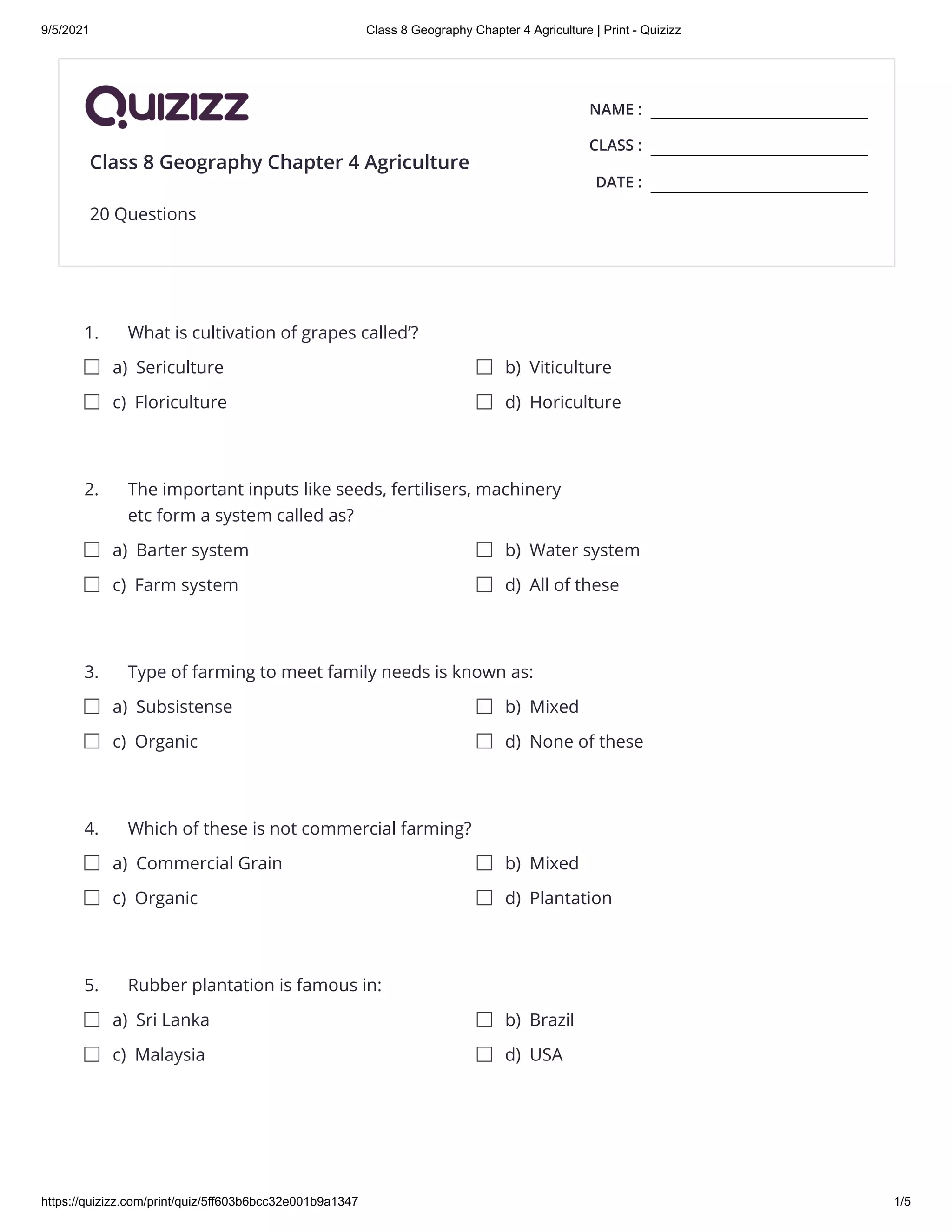 Class 8 geography chapter 4 agriculture quizizz | PDF