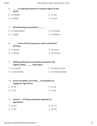 Class 8 geography chapter 4 agriculture quizizz | PDF